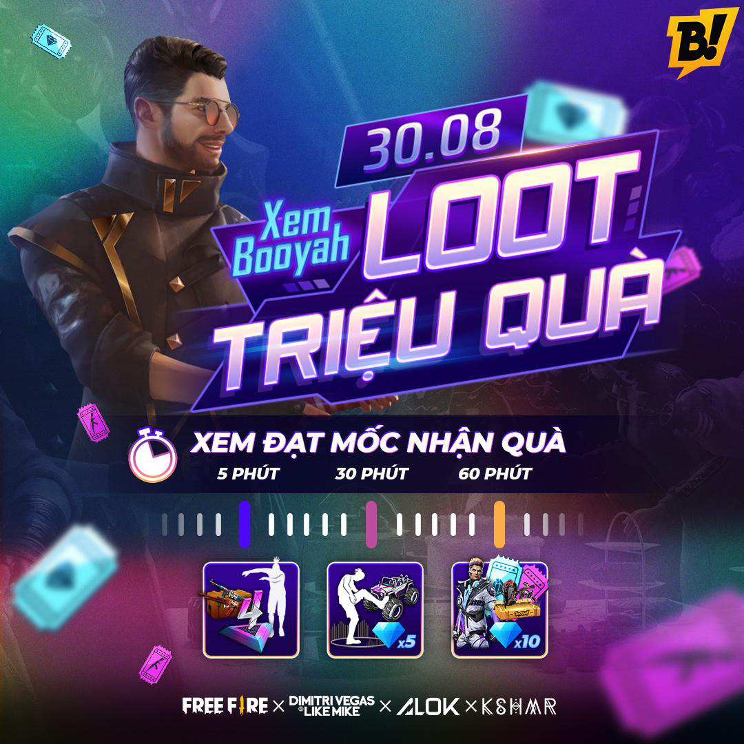 30 tháng 8 mừng sinh nhật Free Fire - Xem Booyah! Loot triệu quà!